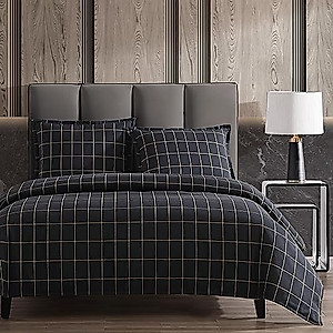 HiEnd Accents Windowpane 3 Piece Super Queen Duvet Cover Set, Black Plaid Bedding Set, Classic Modern Rustic Bed Set, 1 Duvet Cover and 2 Pillow Shams