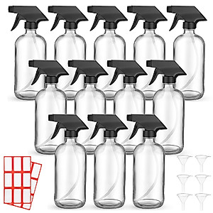 Norme 12 Pcs 8 oz Glass Spray Bottles with Funnels and Labels Refillable Cosmetic Empty Spray Bottles with Sprayer Containers for Essential Oil Cleaning Solutions(Clear,Classic)