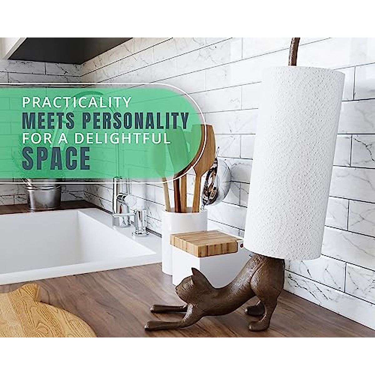 Yoga Cat Decorative Paper Towel Holder or Toilet Paper Holder by Comfify - Adorable “Downward Dog” Pose Kitty- Cast Iron Paper Towel Stand - Antiqued Cast Iron Storage - Multiple uses - 19” Tall.