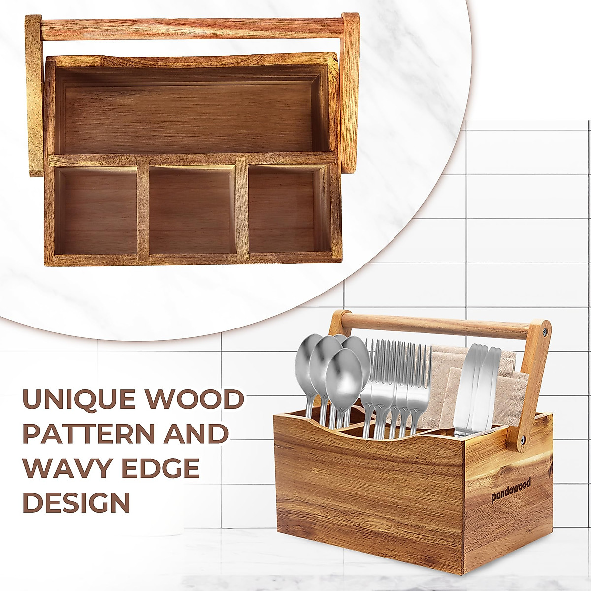 PANDAWOOD Acacia Wood Silverware Caddy - Outdoor Utensil Holder for Parties, Camping & Picnics