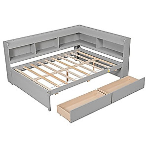 JIVOIT Full Size Captain Platform Bed with L-Shaped Bookcases and Two Storage Drawers, Solid Wood Platform Bed Frame with Wood Slats Support for Kids Teens Adults