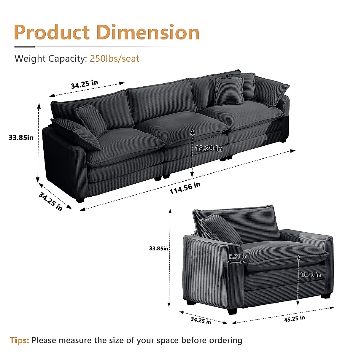 Nestglow Oversized 3 Piece Sofa Set for Living Room, 3-Seater & 2 Single Sofa, Modular Sectional Deep Seat Corduroy Comfy Cloud Couches with 2 Armrest Pillows and 5 Toss Pillows, Grey