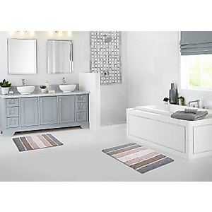 Quilted Stripe Luxury Bath Rug Set of 2, Mat Set, Soft Plush Anti-Skid Shower Rug +Toilet Mat.Quilted Rugs, Super Absorbent mats, Machine Washable Bath Mat,Size 21x32-17x24 Spa Grey-Beige