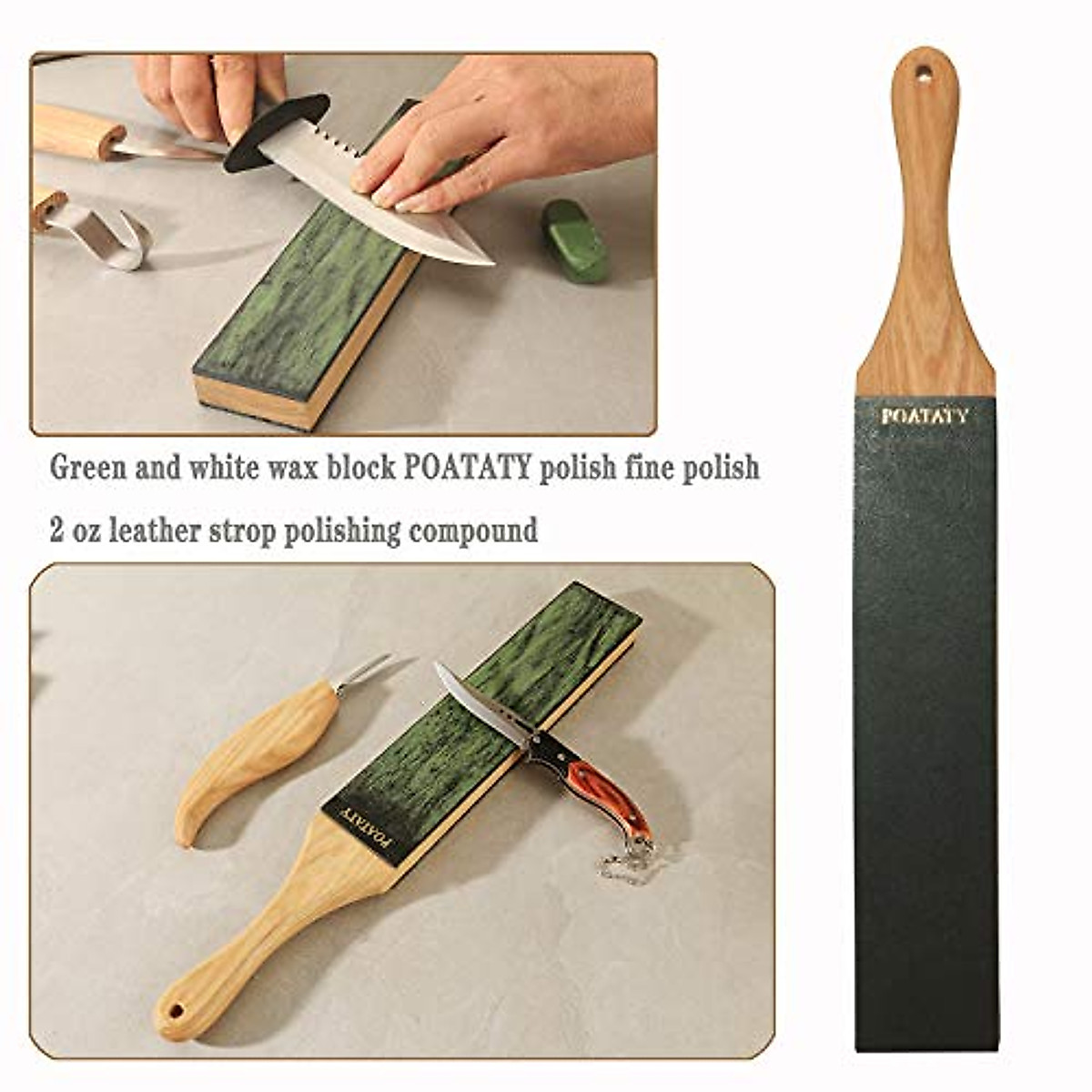 POATATY Leather Strop Paddle with Polishing Compound 14 inch x 2 inch for Sharpening & Honing- Knives Double Sided Strop Paddle - Get Razor-Sharp Edges with Knife Strop Kit