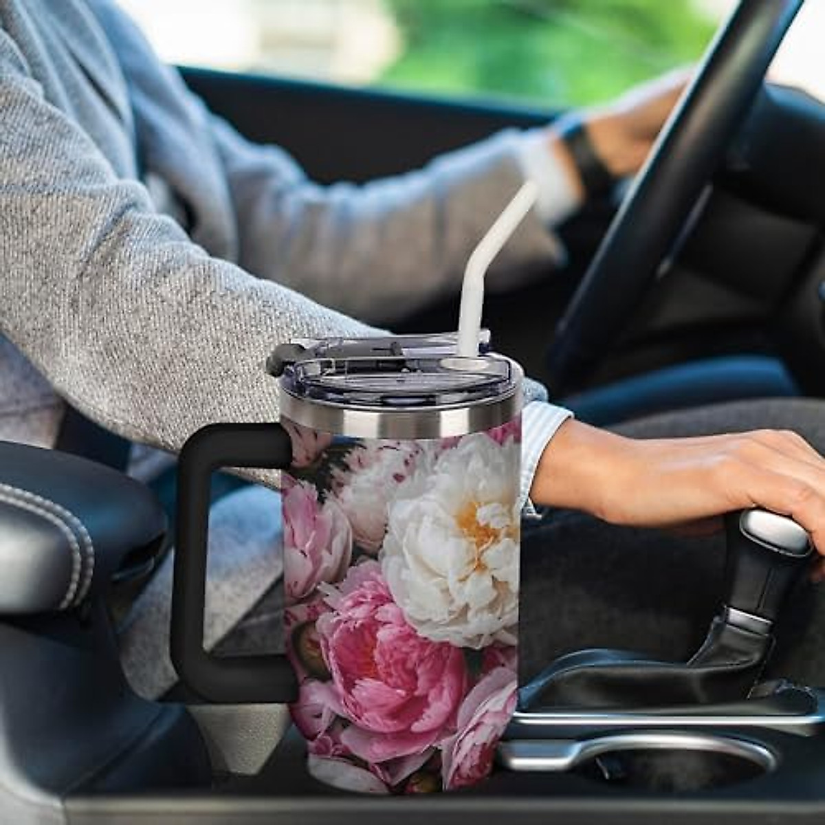 STVNKML 40 Oz Tumbler with Handle Peach And White Peonies Stainless Steel Coffee Mug Reusable Travel Mug Leak-proof Insulated Car Cup Large Capacity Tumbler for Travel, Outdoor, Home Use (Black)