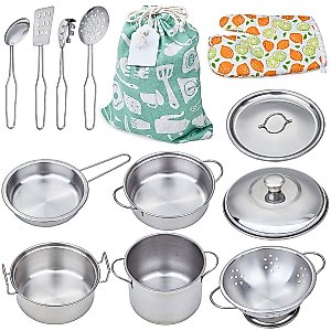 Play Pots and Pans Toys for Kids - Kitchen Playset Pretend Cookware Mini Stainless Steel Cooking Utensils Development Toys for Toddlers & Children Ages 3 Years and up