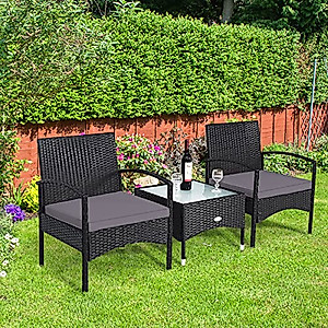 HAPPYGRILL 3 Pieces Patio Furniture Set Outdoor Conversation Set Rattan Wicker Bistro Set with Glass Coffee Table & Soft Cushions for Balcony Garden Poolside
