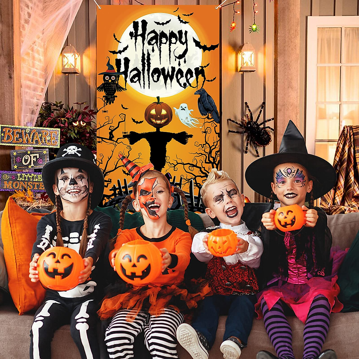 Halloween Door Decorations Banner, Happy Halloween Door Cover Backdrop, Fabric Pumpkin Ghost Hanging Door Poster Sign Banner for Outdoor Indoor Halloween Eve Porch Background Party Wall Decoration