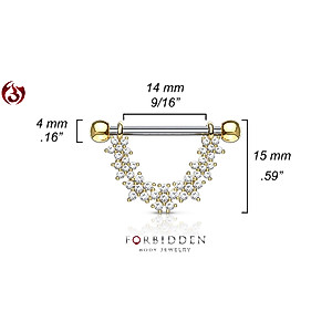 Forbidden Body Jewelry Pair of Surgical Steel 9/16 Inch CZ Flower Daisy Chain Dangle Nipple Barbells, Gold Tone