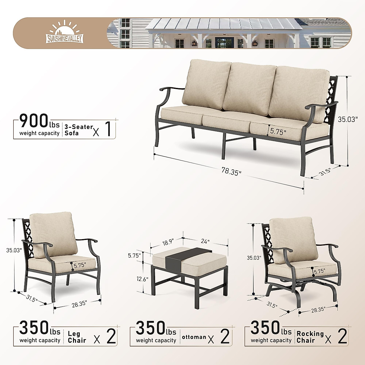 SUNSHINE VALLEY Patio Furniture Set, Modern Metal Outdoor Patio Furniture, 3 Seater Sofa, 2 Fixed Chairs, 2 Rocking Chairs, 2 Ottomans and 5.75" Extra Thick Cushion, Patio Conversation Set for Garden