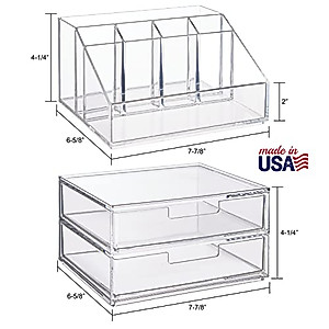 STORi Chloe Stackable Clear Makeup Holder and Double Organizer Drawer Set | Organize Cosmetics and Beauty Supplies | Made in USA
