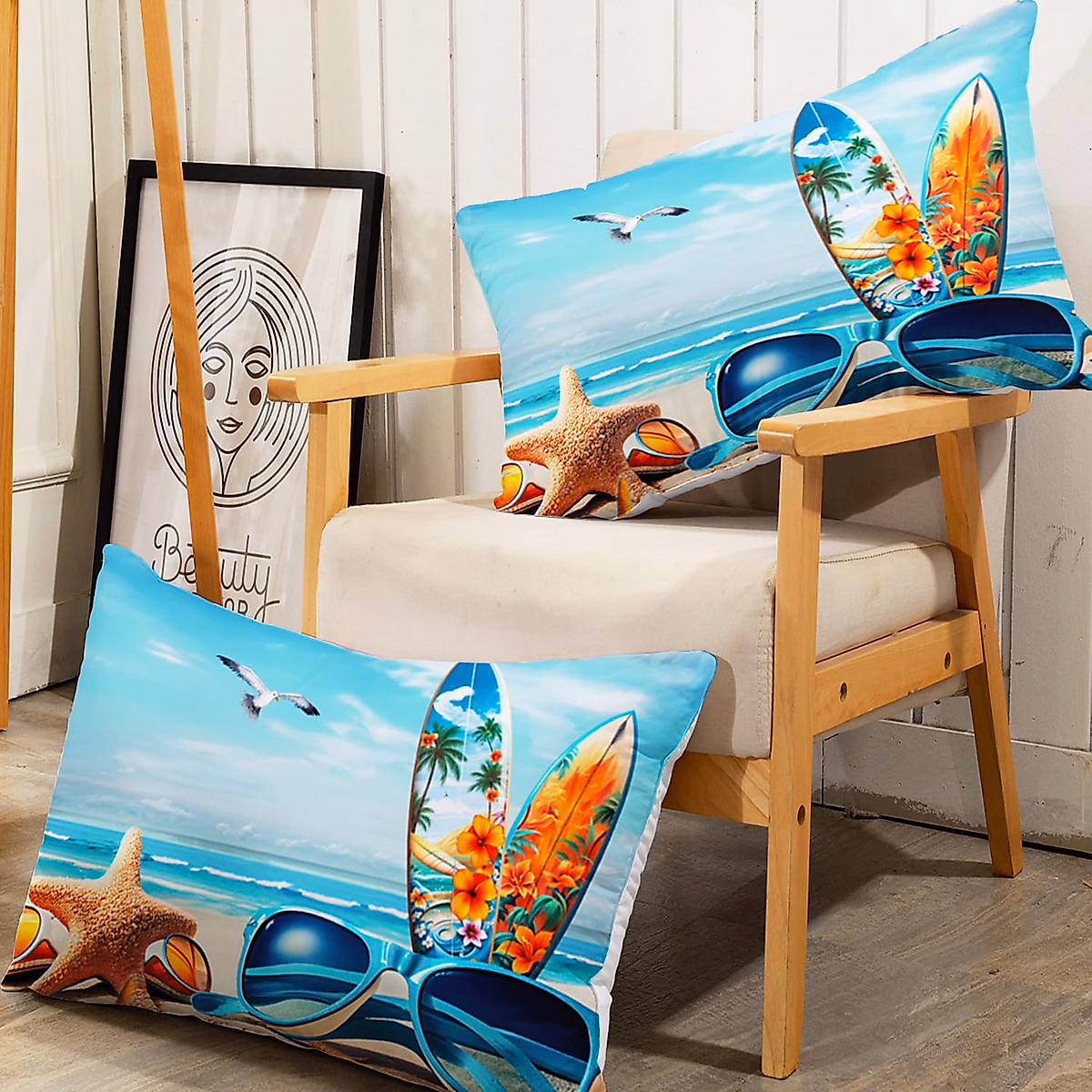 AILONEN Beach Fitted Sheet Set Full Size, Ocean Theme Bed Sheet Set,Starfish Coastal Sheets Set for Boys Girls,Surfboard Sheets Set 3 Pieces, 1 Fitted Sheet and 2 Pillowcases