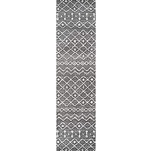 JONATHAN Y MOH208C-28 Aksil Moroccan Beni Souk Indoor Farmhouse Area-Rug Bohemian Minimalistic Geometric Easy-Cleaning Bedroom Kitchen Living Room Non Shedding, 2 ft x 8 ft, Gray/Cream