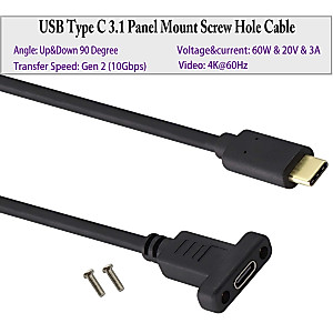 AAOTOKK USB Type C 3.1Panel Mount Adapter Cable USB-C 3.1 Gen2 10Gbps Male to USB C Female Panel Mount Screw Cable,Supports Charging,Data,Audio,Video Cable for Laptop,Tablet,Mobile Phone(0.3M/1ft)