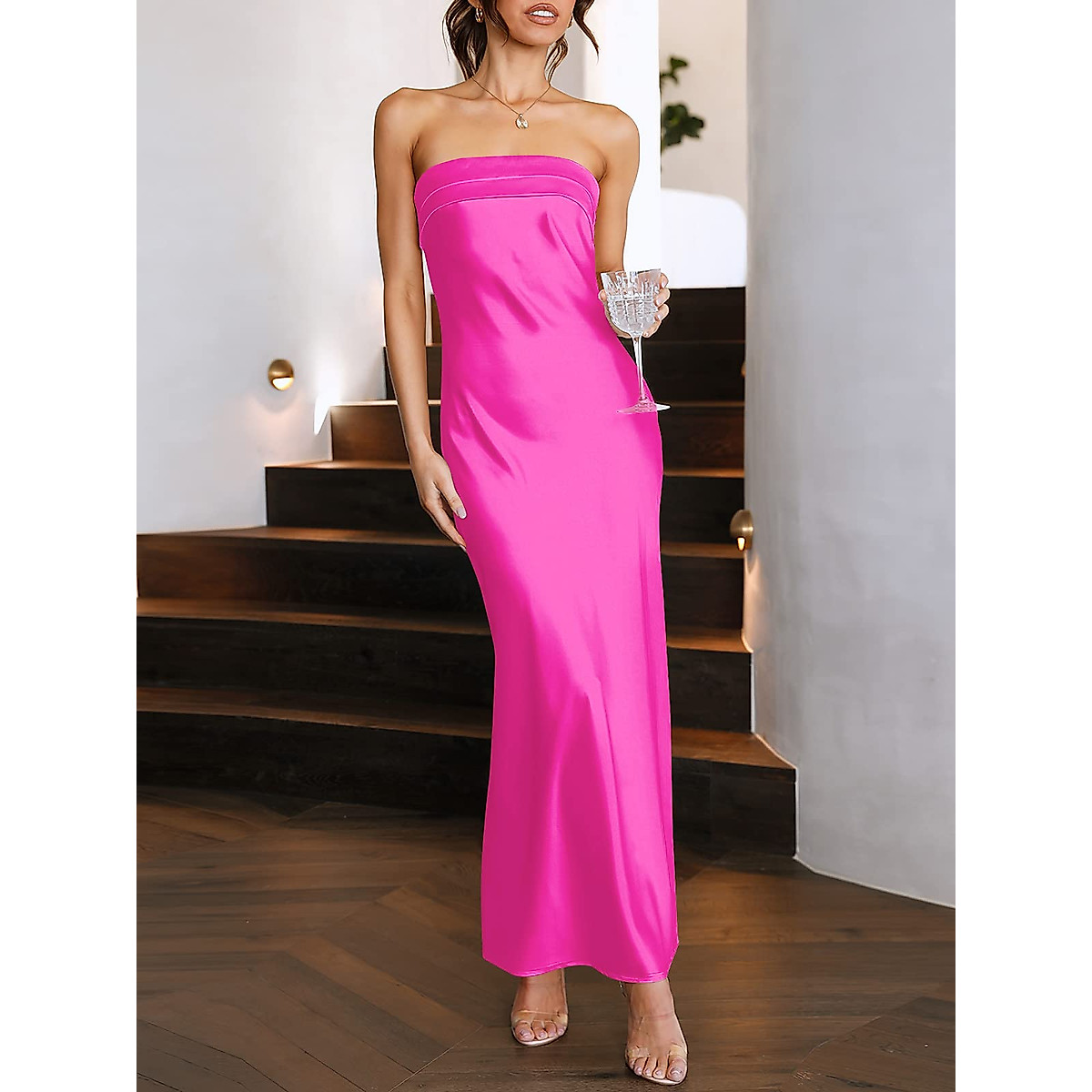 ANRABESS Women Summer Wedding Guest Maxi Dress Strapless Satin Tube Bodycon Backless Cocktail Formal Dresses 2025 Spring Hot Pink
