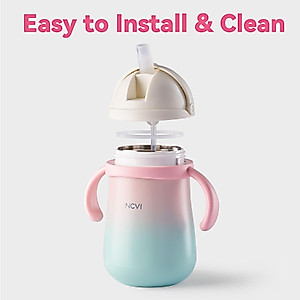 NCVI Weighted Straw Sippy Cup Spill Proof Stainless Steel, Kids Toddler Thermal Cup with Removable Handle and Replacement Head Straw Perfect for 2 Years Old, 10oz (Pink Bunny)