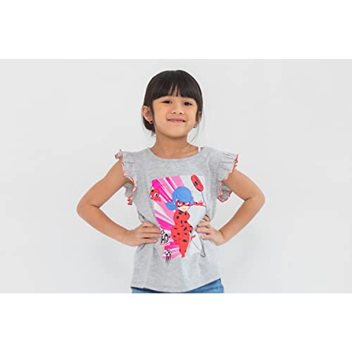 Miraculous Ladybug Cat Noir Rena Rouge Little Girls 2 Pack T-Shirts Gray/Red 4-5