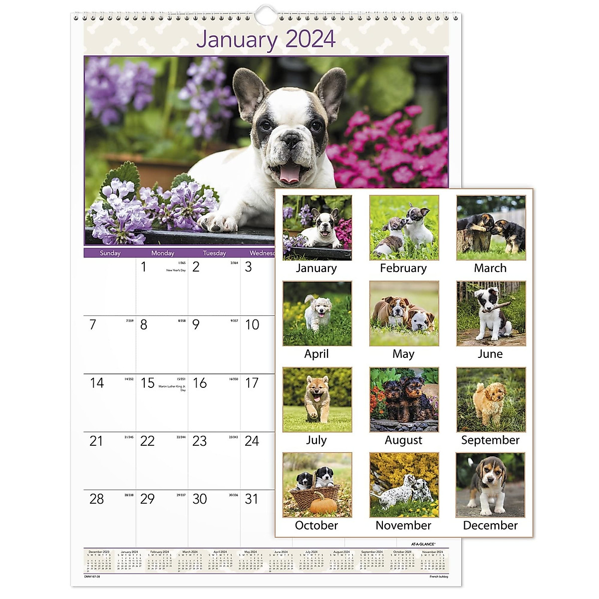 2024 AT-A-GLANCE® Puppies Monthly Wall Calendar, 15-1/2" x 22-3/4", January to December 2024, DMW16728