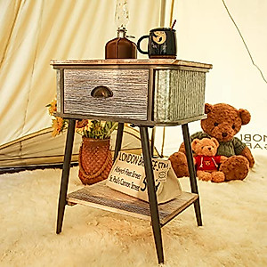 Hoeneo End Table with 1 Drawer,Solid Wood Sofa Side Table,Bedroom Storage Nightstand,Rustic Furniture Easy Assembly (Grey)