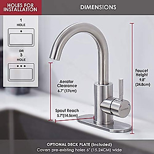 RODDEX Wet Bar Sink Faucet Single Hole Stainless Steel 1 Handle Small Modern Kitchen Tap Prep Sink Bath Bathroom Mixer, 3 Hole Cover Deck Plate, Sink Drain Stopper with Overflow, Brushed Nickel …
