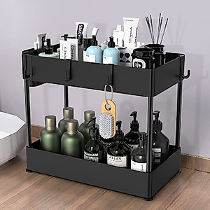 Giergt Under Sink Organizers and Storage, Bathroom Organizer Under Sink, 2-Tier Organizer with 6 Hooks, Multi-purpose Under Kitchen Sink Storage, Black Under Sink Shelf Organizer Rack