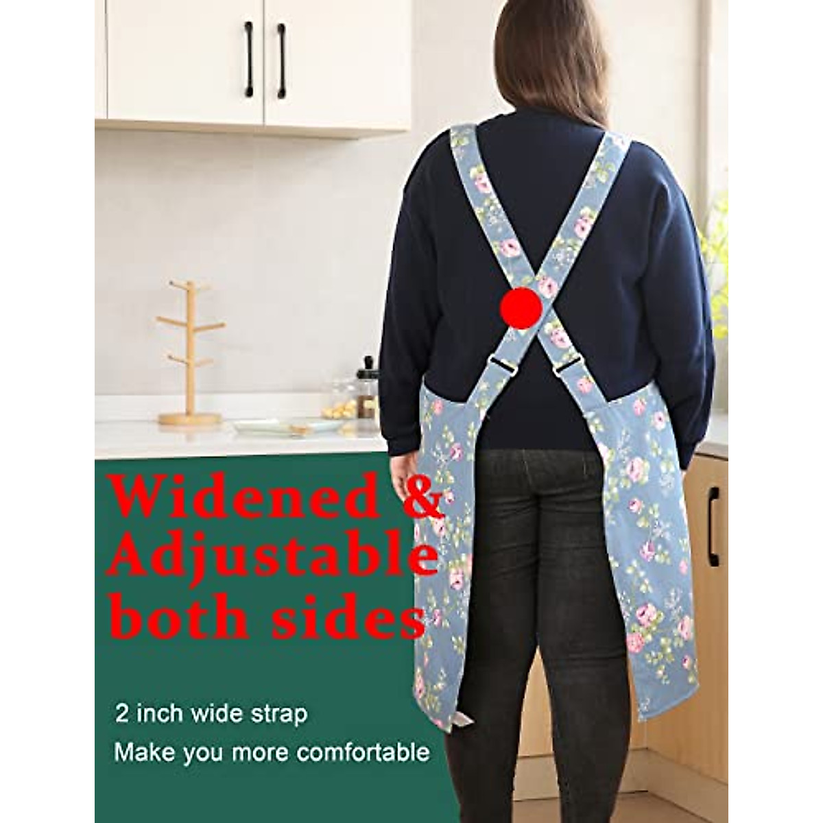 APRONNER Big Plus Size Aprons for Women with Pockets Cotton Linen Baking Kitchen Cooking Rose Flower