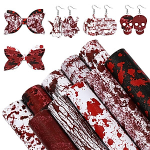 AnyDesign 10Pcs Halloween Theme Faux Leather Sheets Spooky Bloody Printed Synthetic Leathers Red White Black Scary Bloodstain Fabric Leathers for Halloween DIY Craft Earring Hair Bow Making, 8 x 12"