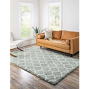 Unique Loom Rabat Shag Collection Area Rug - Marble (9' x 12' Rectangle, White Cyan/Ivory)