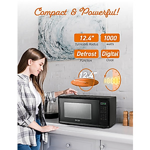 COMMERCIAL CHEF 1.1 Cu Ft Microwave with 10 Power Levels, Microwave 1000W with Push Button Door Lock, Countertop Microwave with Microwave Turntable and Digital Controls, Black