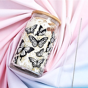 Nefelibata Butterfly Iced Coffee Glass Beer Can Glass Color Changing 16 OZ Pastel Pink & Purple Swallowtail Butterflies Art Glass Mug Present with Lid Drinking Straw Spring Mother's Day Gifts for Her