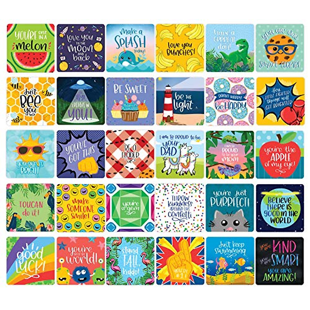 bloom daily planners Lunch Box Note Card Deck - Cute Sentimental Quote Cards for Kids - Set of Thirty 3" x 3" Cards - Assorted Designs