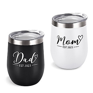 Homlouue New Parents Gift, Mom Dad Est 2023 Wine Tumbler Set for New Mom Dad Baby Shower New Pregnancy Baby Announcement, 12 Oz Insulated Stainless Steel Wine Tumbler, Set of 2, Black and White