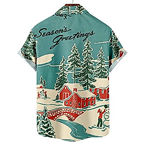 Lcxifdre Men’s Bowling Shirt Christmas Short Sleeve Button Up Shirts Xmas Santa Printing Plus Size T Shirts Loose Undershirts Light Blue