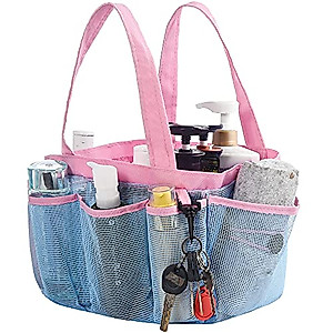 WEHUSE Portable Shower Caddy Mesh Bag, College Dorm Bathroom Caddy with Key Hook and 7 Pockets, Quick Dry Mesh Shower Basket Tote for Camp Gym