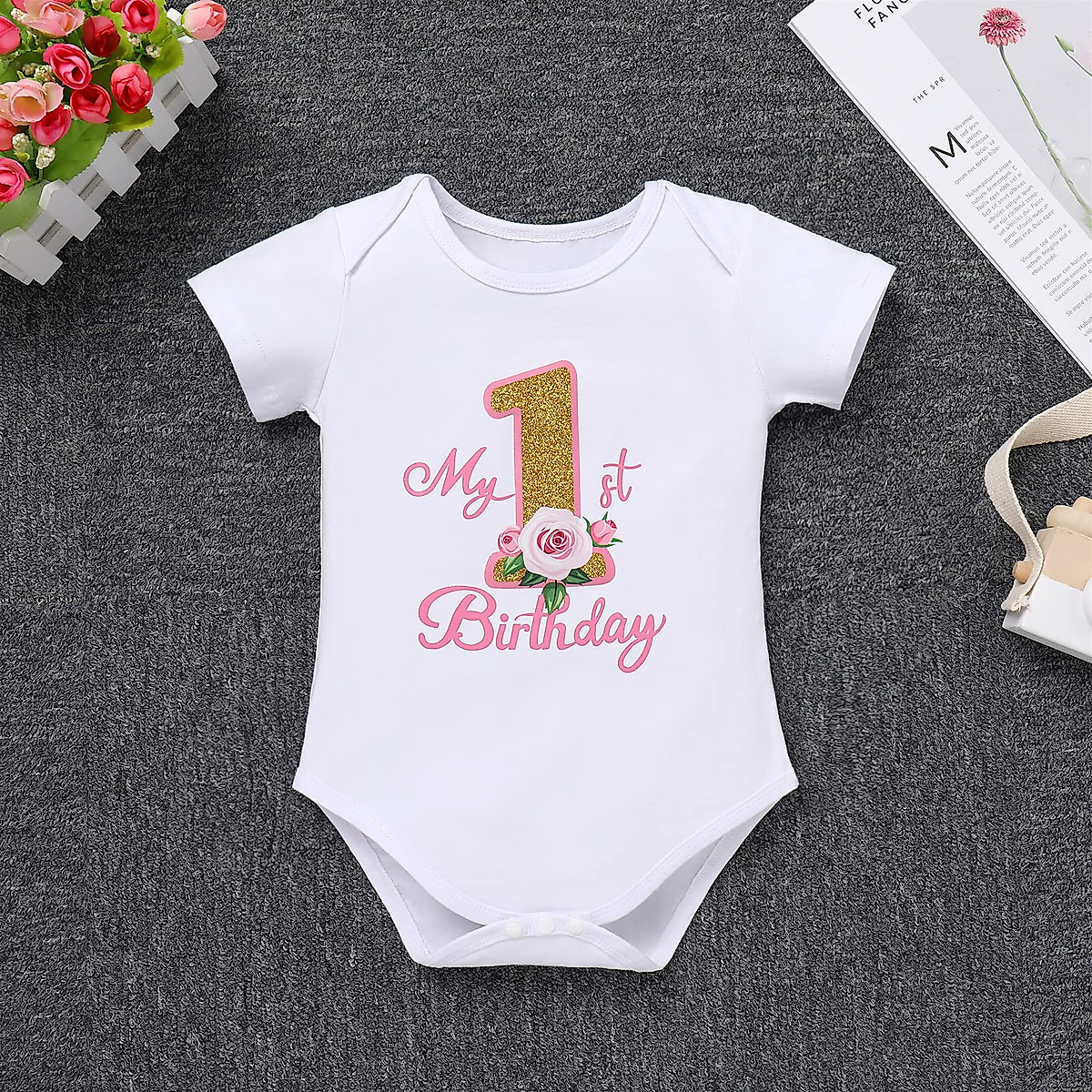 IBTOM CASTLE Baby Girl One Year Old Birthday Floral Lace Party Cake Smash Outfits Short Sleeve Top Princess Romper Bodysuit + Tutu Rainbow Skirt Set+Headband Fancy Dress Hot Pink-1 old,Birthday,