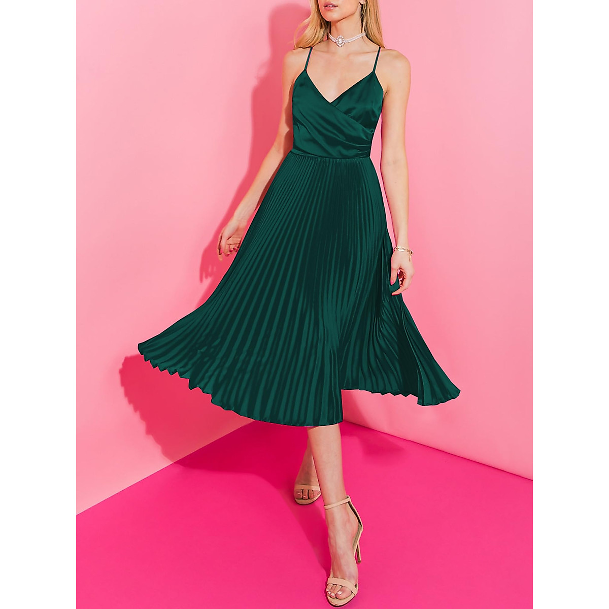 ZAFUL Womens Satin Sexy Backless Wrap V Neck Sleeveless Spaghetti Strap Pleated Flowy Party Midi Dress