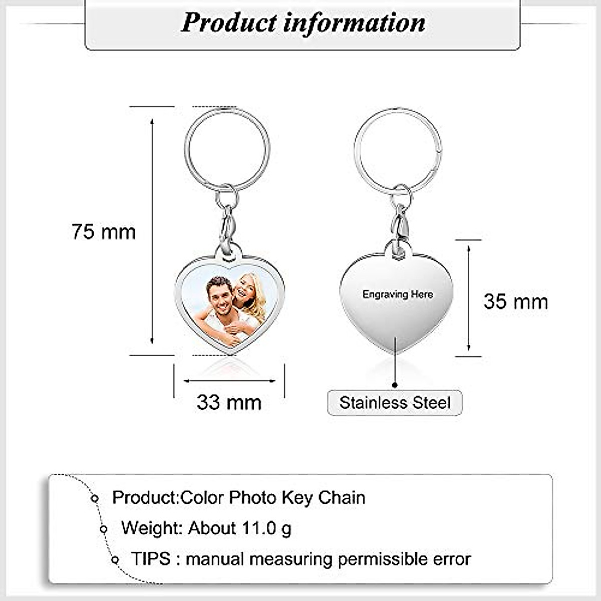 Nauchild Photo Keychain Personalized Heart Key Chain with Engraving Text/Name/Date Anniversary Keychain for Women/Men (silver 1)