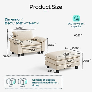 LINSY HOME Sofa Chair with Movable Ottoman - Corduroy Cloud Couch Chair Soft Comfy Modern Sofa Chaise Set Single Sleeper Chair Bed for Living Room Apartment Office (Beige, 1-Seat & 1-Ottoman)