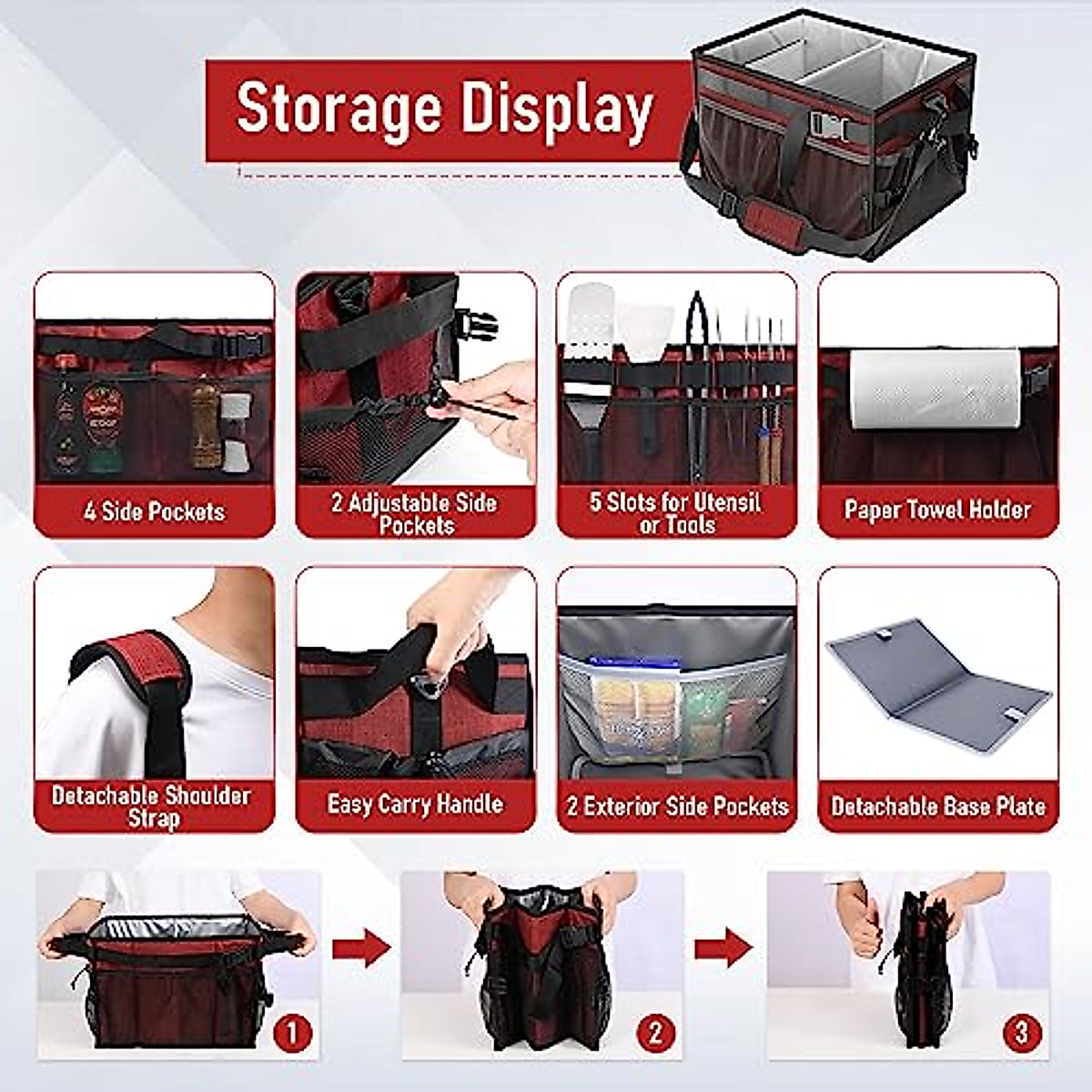 FANGSUN Grill Caddy, BBQ Caddy with Paper Towel Holder, Picnic Griddle Caddy for Outdoor Camping, Barbecue Accessories Storage Organizer for Utensil Grilling Tool, Must Haves for Camper Tailgating Rv