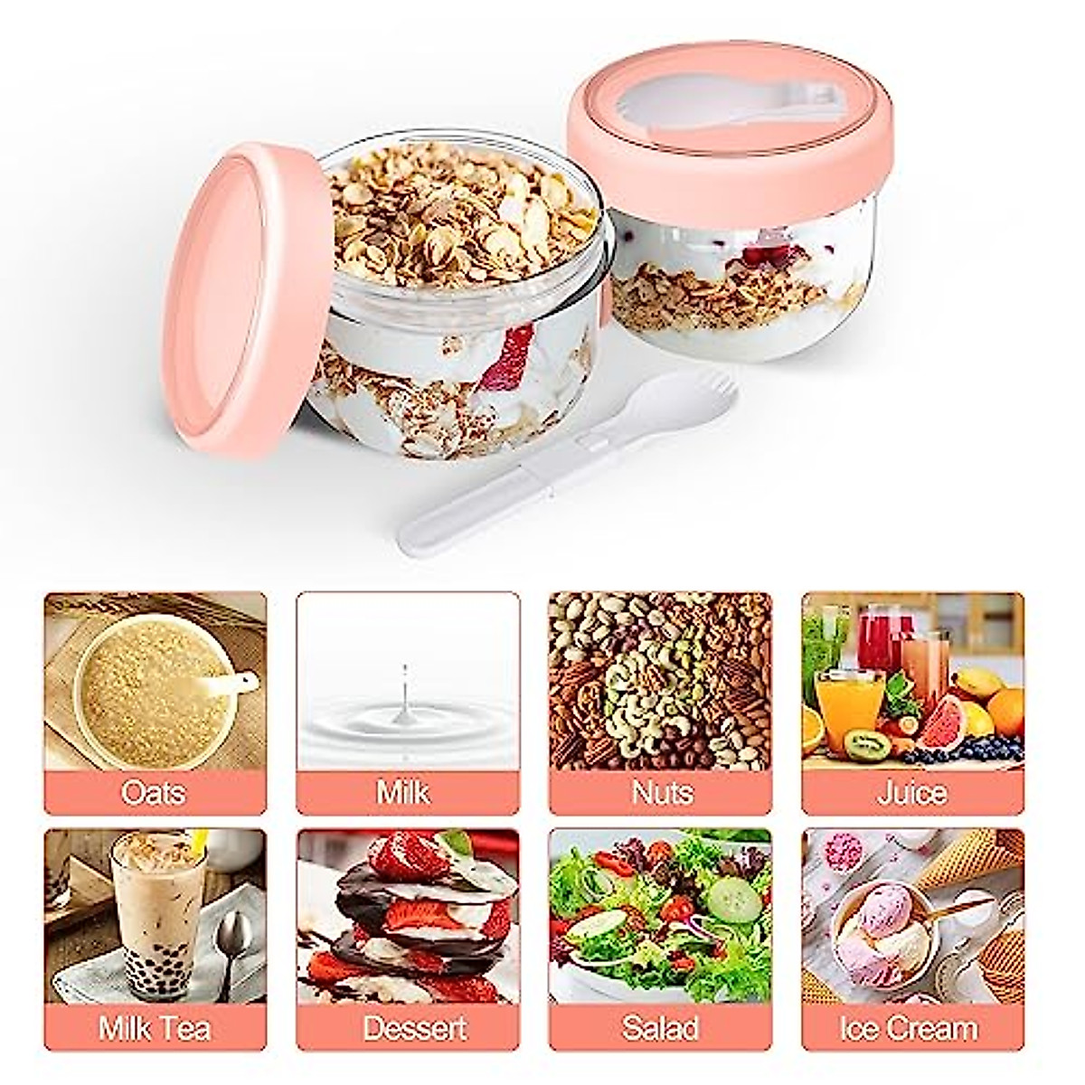 JACTZ Overnight Oat Containers with Lids and Spoons,20oz Overnight Oats Jars,Leakproof Dessert Cups for Yogurt Breakfast On The Go Cups,Oatmeal Container Snack Containers (3pink)