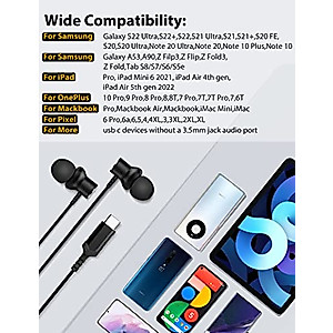 USB C Headphones for Samsung Galaxy S23 S22 S21 S20 Ultra A53 Z Flip4 Note 20 10+, Magnetic Type C Earphones Wired Earbuds with Mic Noise Canceling Stereo Bass for iPad 10 iPad Pro Air Mini Pixel 7 6