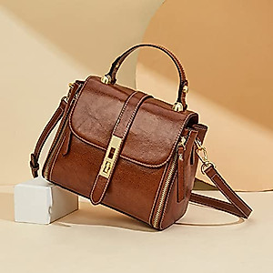 Cowhide Small Handbags for Women Satchel Shoulder Bags, Ladies Cow Purses with Handle Crossbody Bags for Women Mini Tote (Brown)