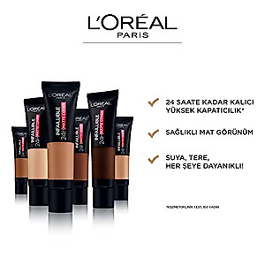 L'Oreal Paris Foundation, Infallible Matte Cover 24hour 200 Golden Sand, Sweat-proof, Heat-proof, Transfer-proof and Water-proof, SPF 18, 30 ml