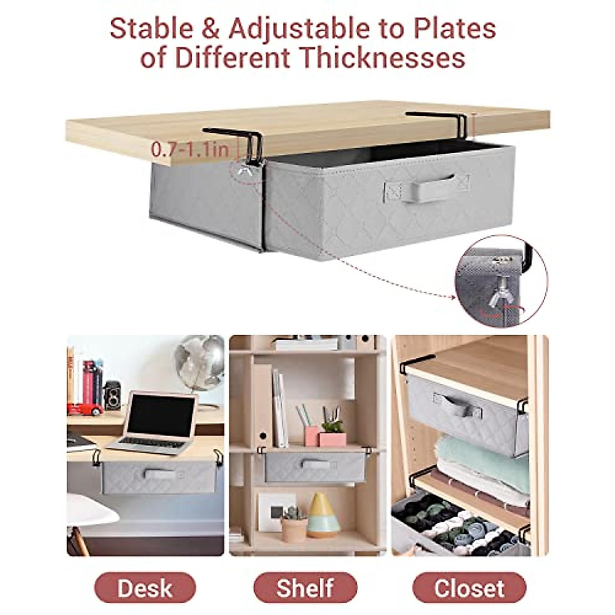 BRUINAGORA Closet Organizers and Storage, Closet Pullout Drawer, Under Shelf Storage Organizer, Adjustable Clips for Underwear, Bra, Lingerie, Panties, Undies, Grey/2 Pack