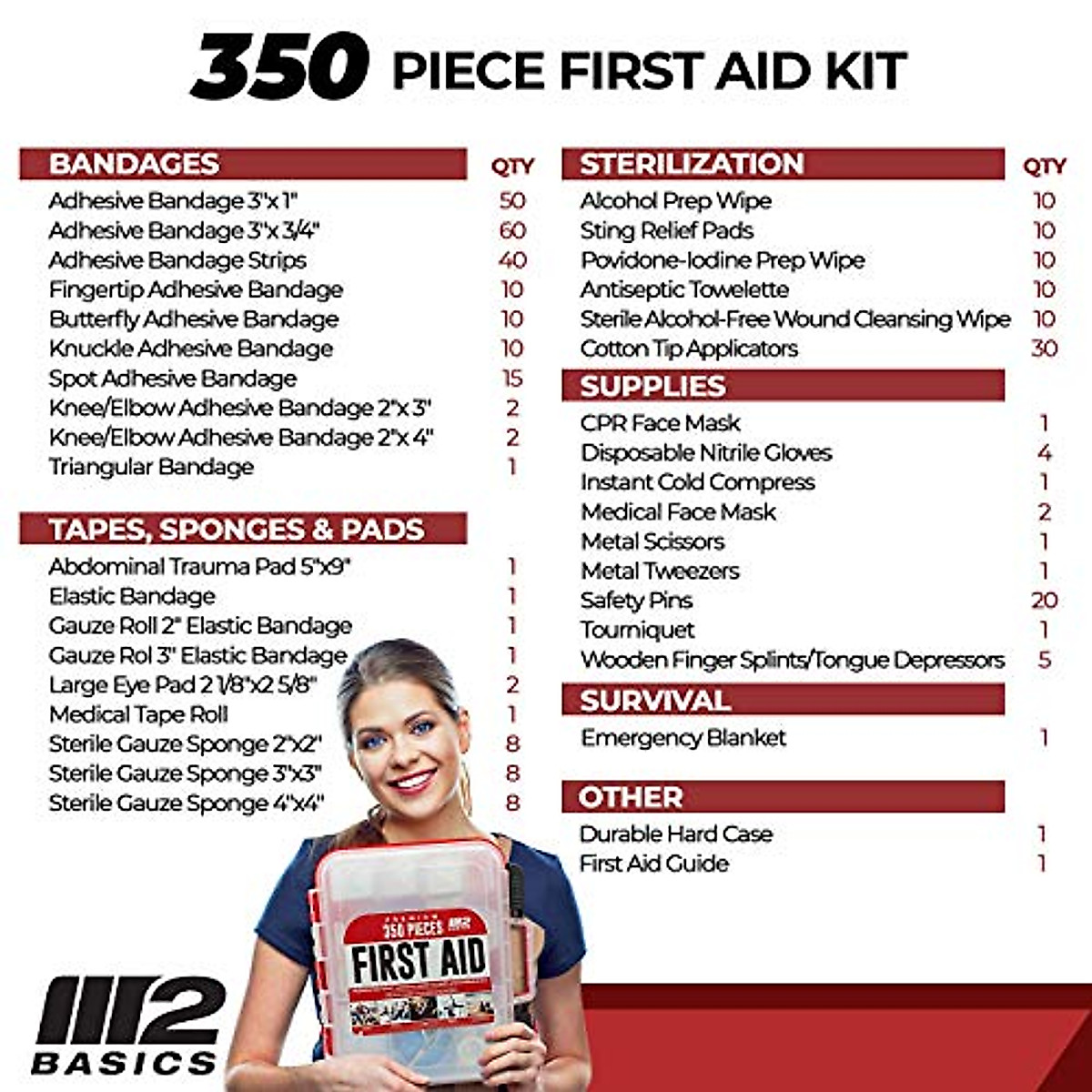 Professional 350 Piece Emergency First Aid Kit | Business & Home Medical Supplies | Hard Case, Dual Layer, Wall Mountable | Office, Car, School, Camping, Hunting, Sports