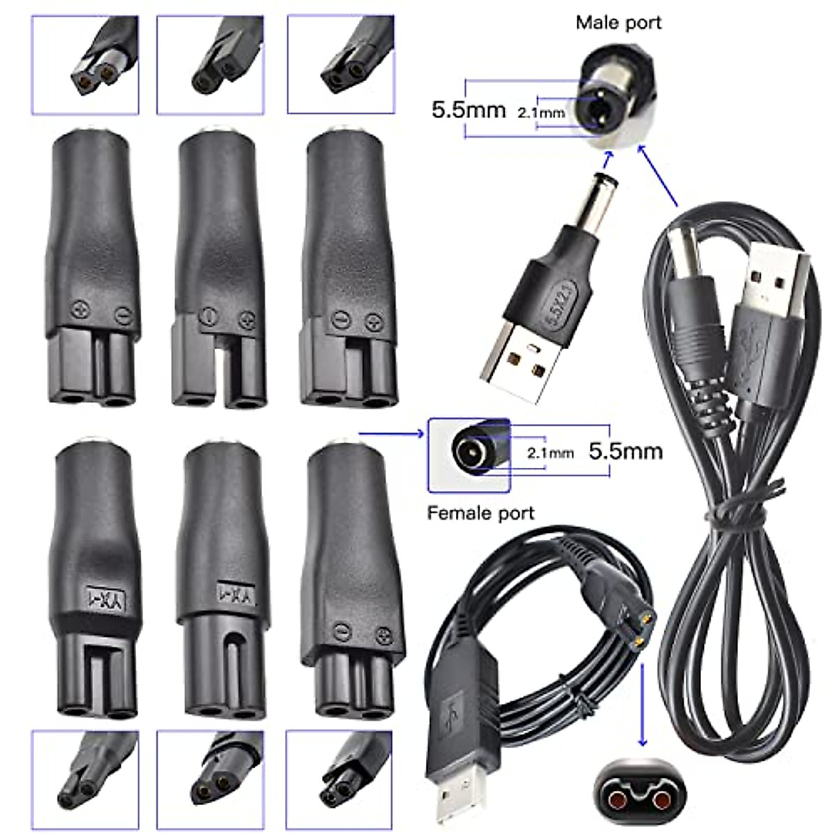 9 PCS Replacement Power Cord 5V Charger USB Adapter Suitable for Electric Hair Clippers, Beard trimmers, Shavers, Beauty Instruments, Desk Lamps, Purifiers.