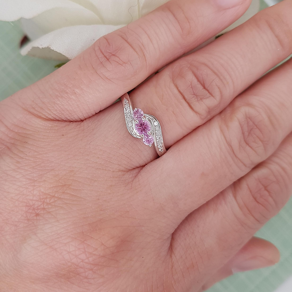 Dazzlingrock Collection 14K Round Pink Sapphire & White Diamond Swirl Engagement 3 Stone Bridal Ring, White Gold, Size 7.5