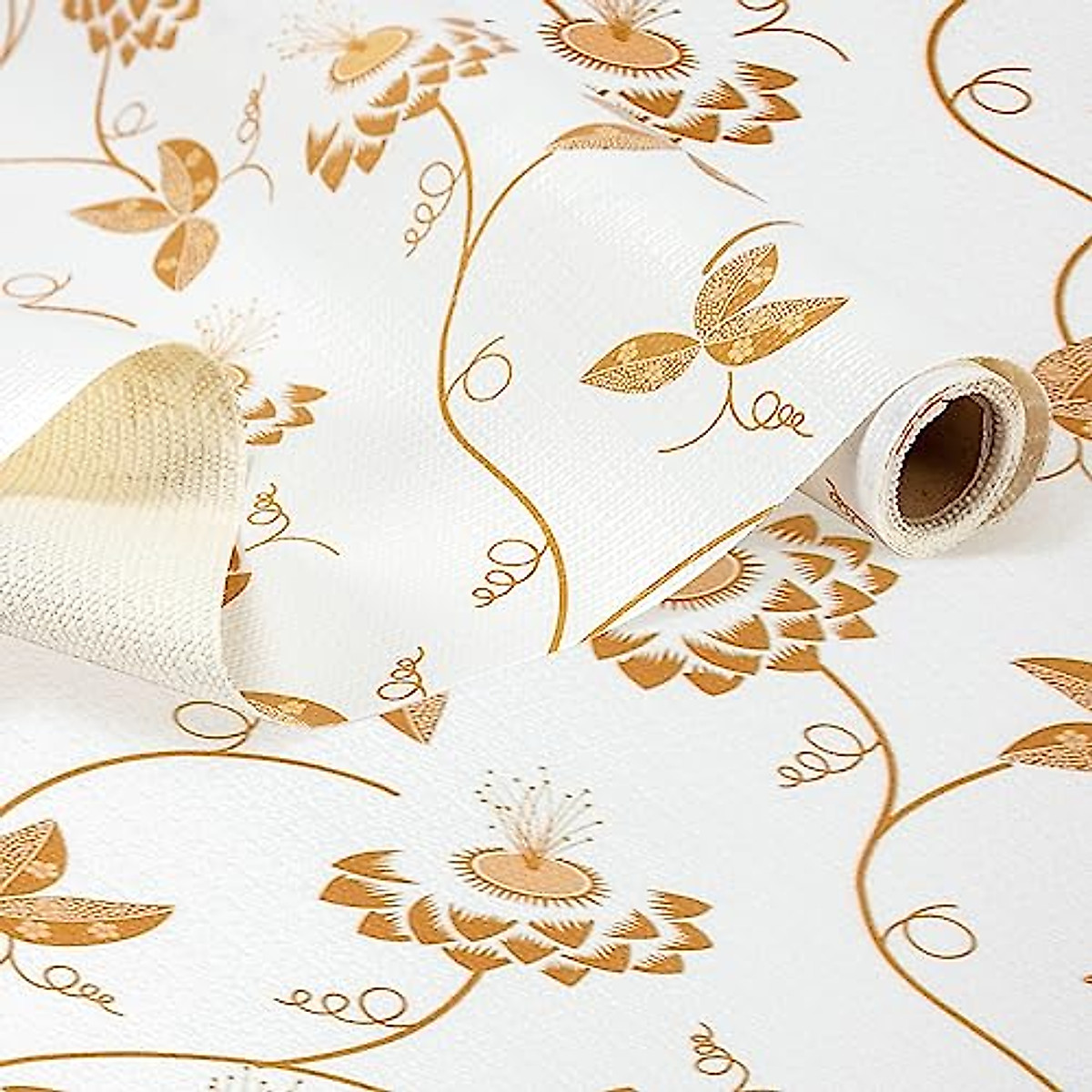 RAY STAR Shelf Liner, 12 Inch x 10 Feet Non Adhesive Golden Red Daisy Floral Cabinet Liner for Pantry Drawer Vanity, Strong Grip Non Slip Waterproof, Shelf Liners for Kitchen Cabinets