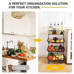 Fruit Vegetable Storage Basket, 4 Tier Stackable Metal Wire Storage Baskets with Wheels, Fruit Vegetable Produce Basket Organizer Bins for Kitchen, Pantry, Bathroom