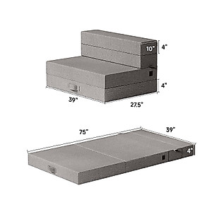 ONBRILL Folding Mattress Twin, 4 Inch Firm Portable Mattress for Pressure Relief, Foldable Sofa Bed Topper with Storage Bag, Indoor/Outdoor Use, Washable Linen Cover & Handle Design, Gray